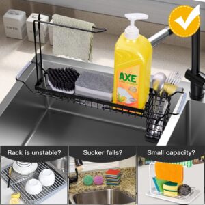 LOLOST Sponge Holder for Kitchen Sink, Expandable (16.7"-21.3") Sink Caddy Sink Organizers, Stainless Steel 4-in-1 Dish Sponges Brush Soap Holder with Dishcloth Towel Knife Holder Black