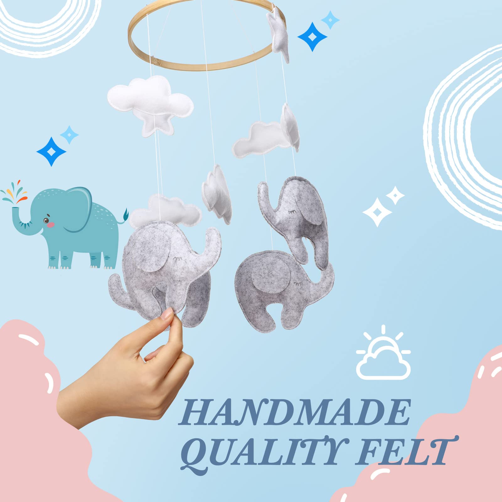 Elephant Baby Crib Mobile Neutral Felt Nursery Ceiling Decoration Cloud and Star Felt Baby Mobile Elephant Mobiles for Shower Gifts Baby Cribs Ceiling Hanging Decorations