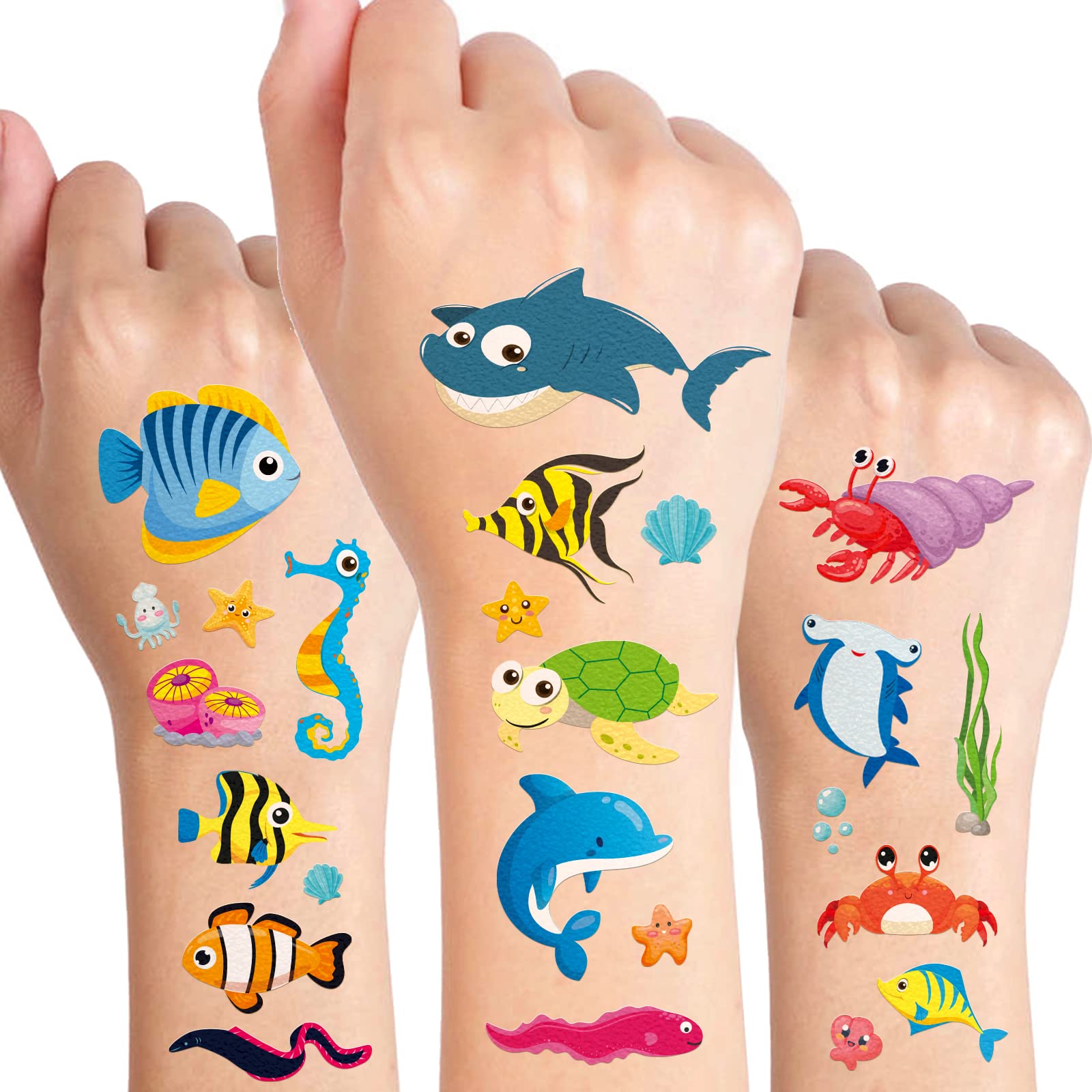 Cute Sea Animal Ocean Temporary Tattoo Stickers 615 Count summer Tropical Fish Shark Mermaid Party Favors Goodie Gift Bags Decor Waterpoof Fake Tattoos Art Craft for Kids Birthday Party Supplies Gifts