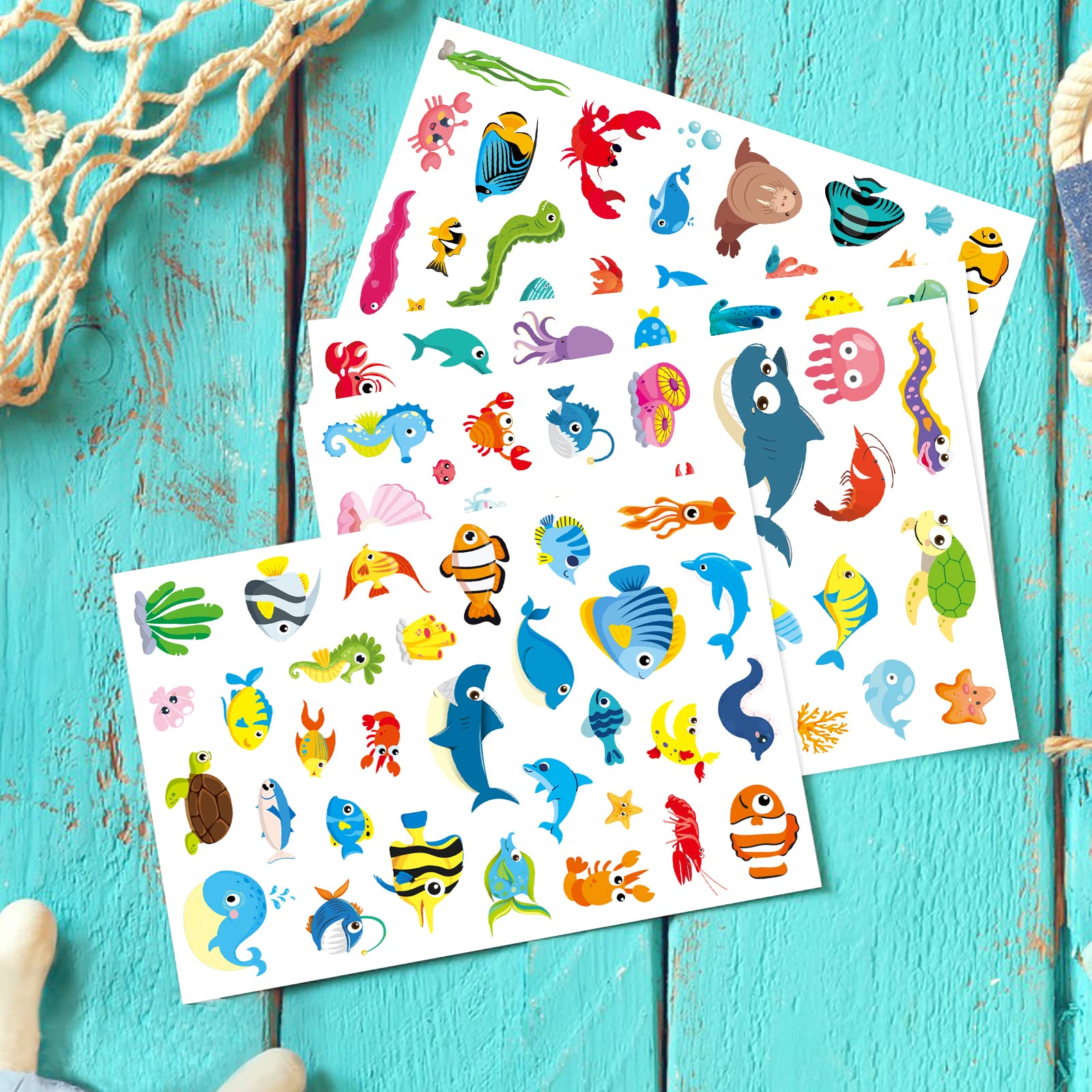 Cute Sea Animal Ocean Temporary Tattoo Stickers 615 Count summer Tropical Fish Shark Mermaid Party Favors Goodie Gift Bags Decor Waterpoof Fake Tattoos Art Craft for Kids Birthday Party Supplies Gifts