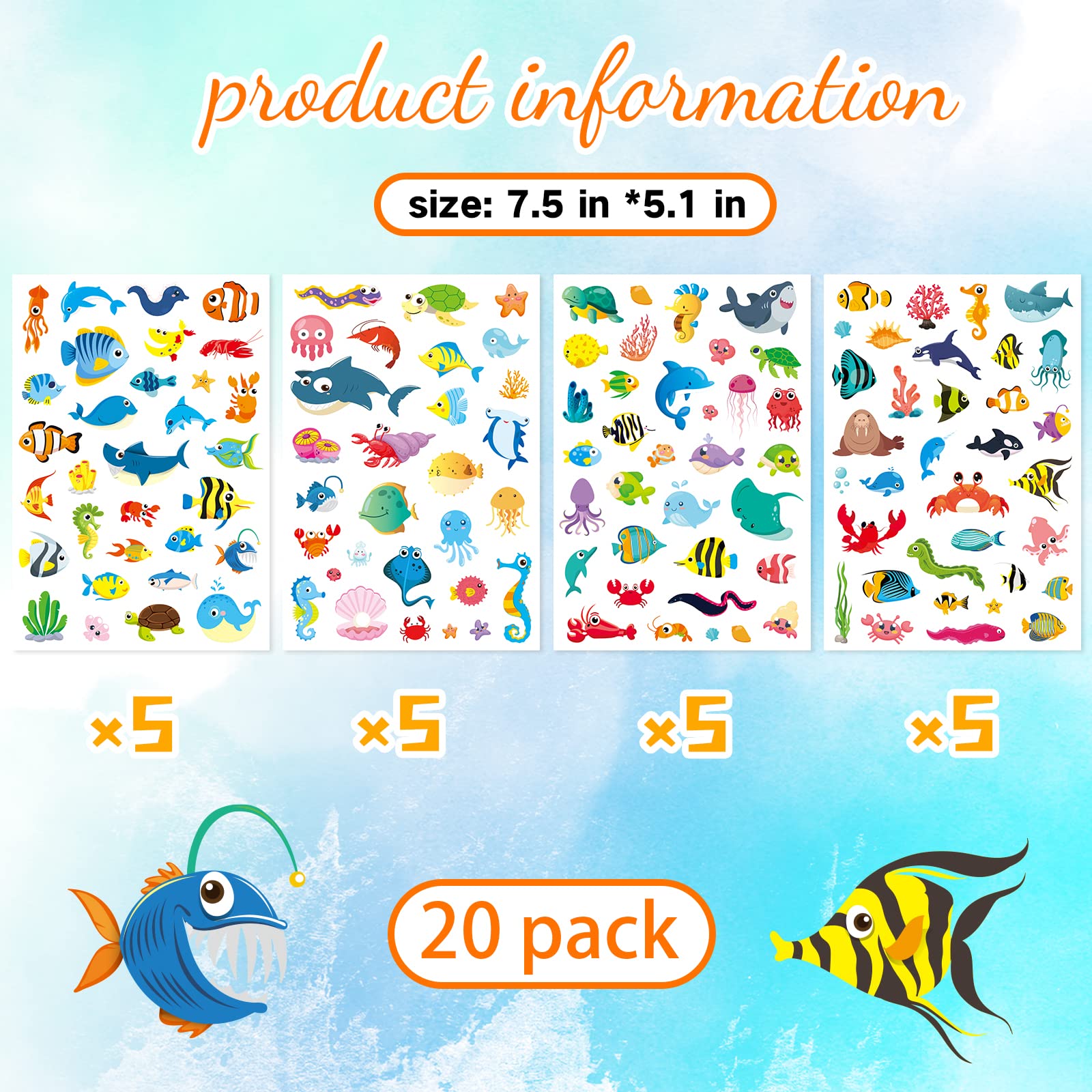 Cute Sea Animal Ocean Temporary Tattoo Stickers 615 Count summer Tropical Fish Shark Mermaid Party Favors Goodie Gift Bags Decor Waterpoof Fake Tattoos Art Craft for Kids Birthday Party Supplies Gifts