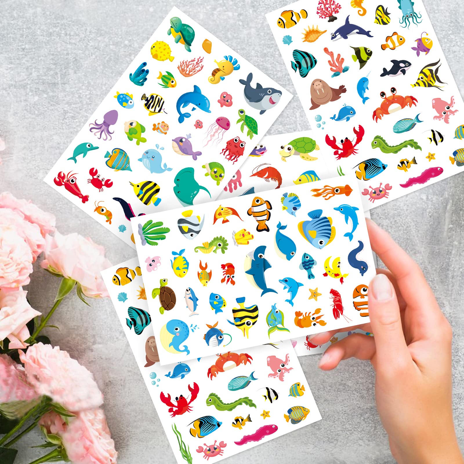 Cute Sea Animal Ocean Temporary Tattoo Stickers 615 Count summer Tropical Fish Shark Mermaid Party Favors Goodie Gift Bags Decor Waterpoof Fake Tattoos Art Craft for Kids Birthday Party Supplies Gifts