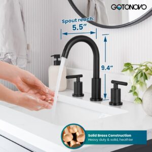 gotonovo 3 Hole 2 Handles Lavatory Basin Bathroom Sink Faucet with Pop Up Drain with Hot and Cold Mixer Valves 8 Inch Widespread Bathroom Faucet Matte Black