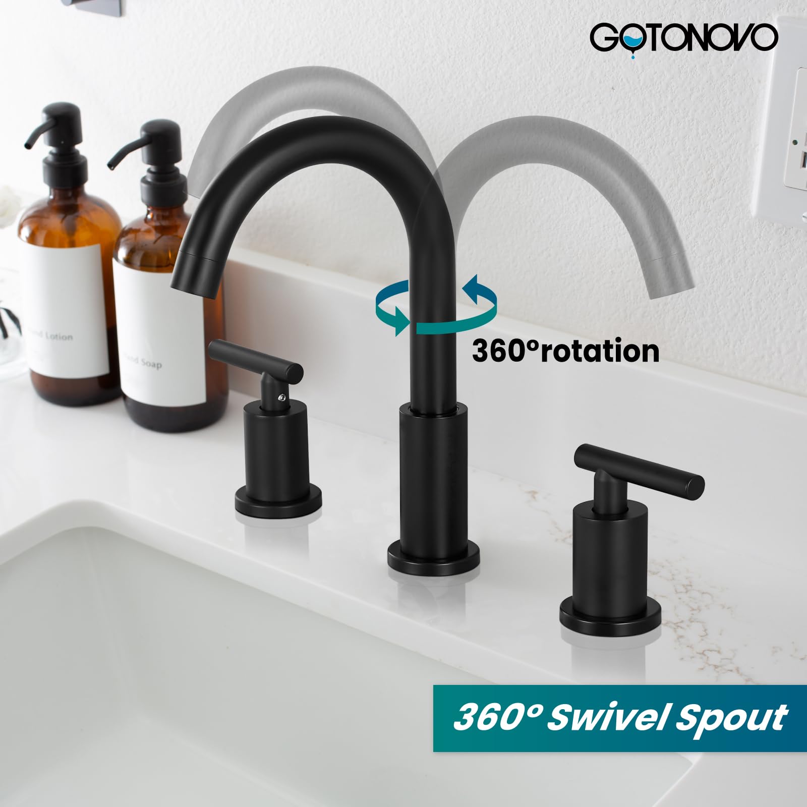 gotonovo 3 Hole 2 Handles Lavatory Basin Bathroom Sink Faucet with Pop Up Drain with Hot and Cold Mixer Valves 8 Inch Widespread Bathroom Faucet Matte Black