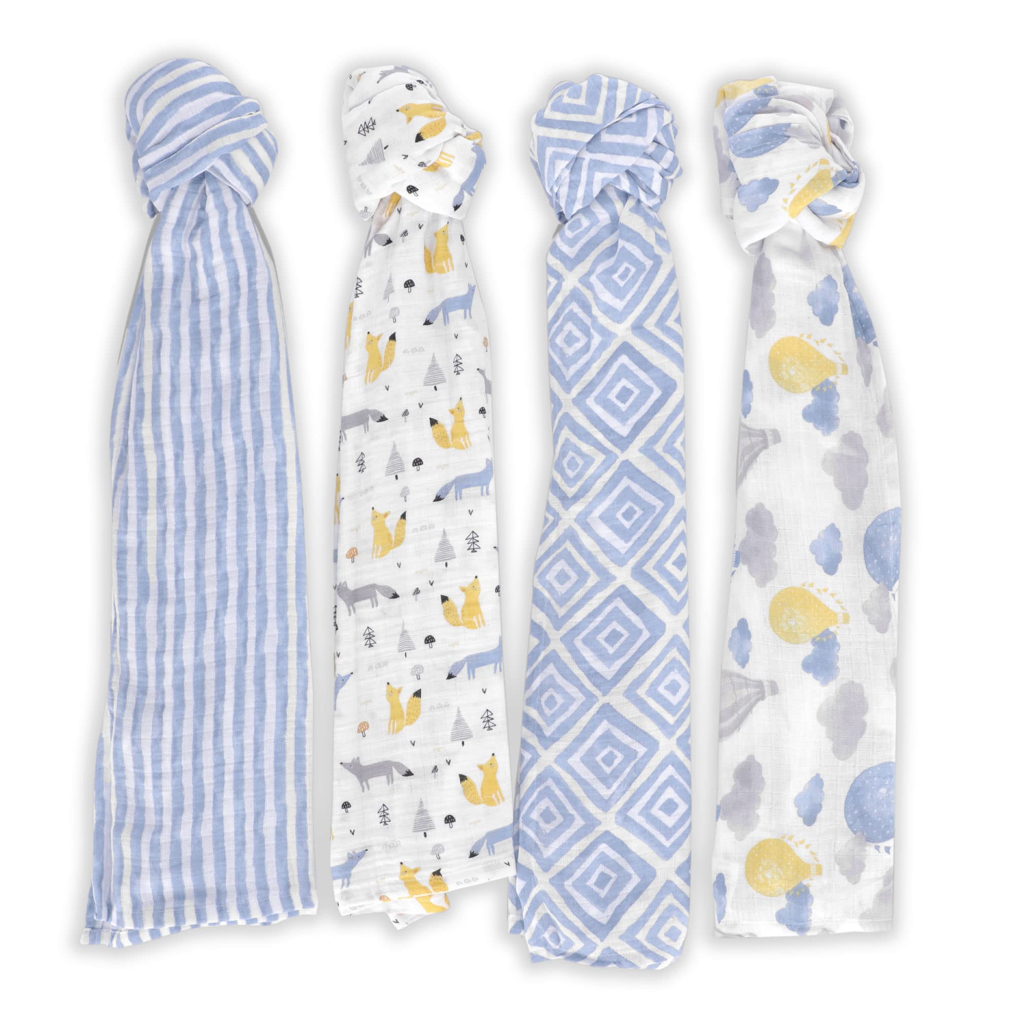 Featherhead™ 4-Pack 100% Cotton Muslin Swaddle Blankets for Baby Boy - Large 47”x 47” - Pre-Washed, Soft, & Breathable - Newborn Essential & Perfect Baby Registry Gift (Blue Foxes)