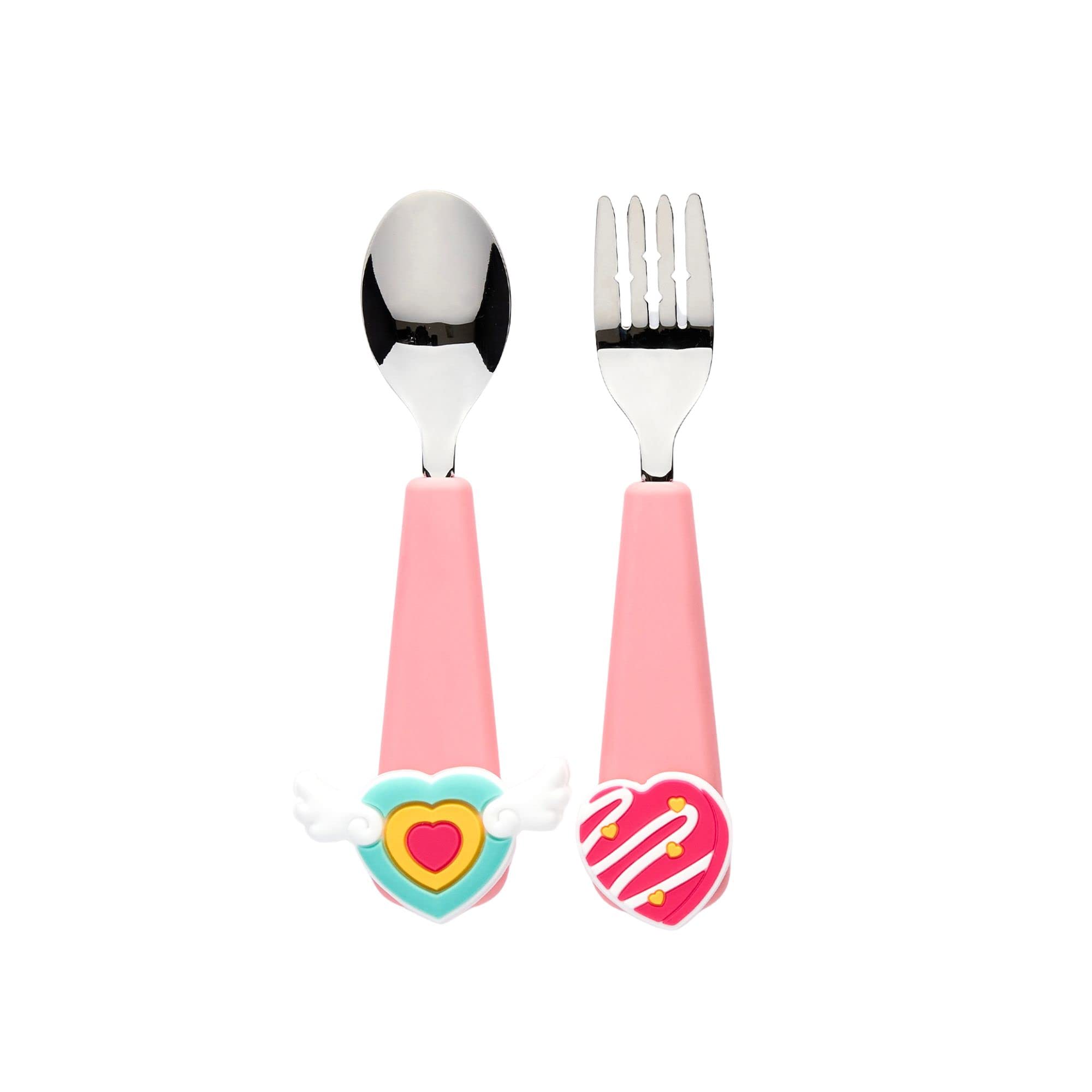 Flex&Lock Flexwarez Kids Utensil Set with Flexcharmz Silicone Charms Accessories - Easy to Decorate Spoon and Fork - Fun lunch for Toddler and Kids - Unicorn World Theme/ 2 Pack/Heart & Heart Donut