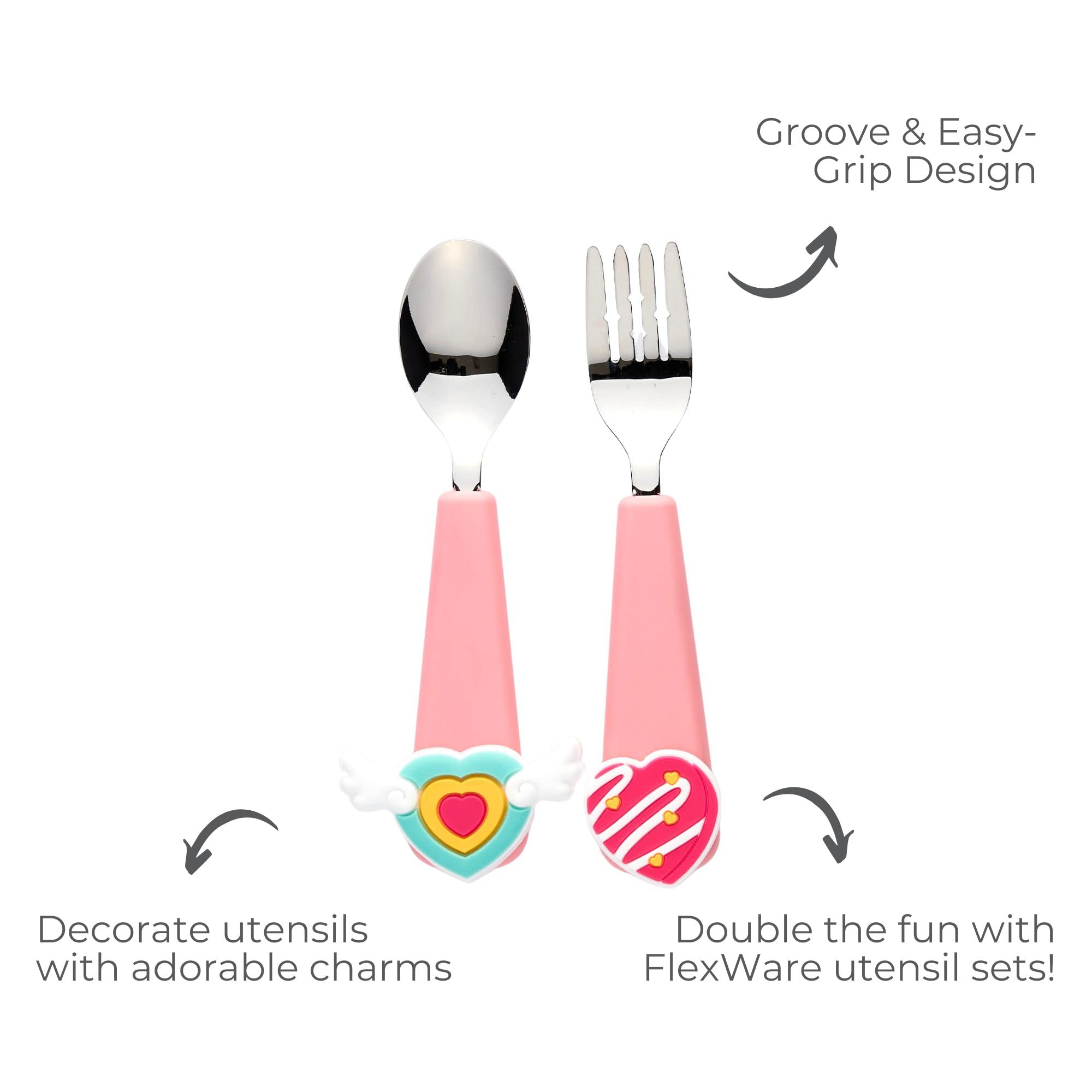 Flex&Lock Flexwarez Kids Utensil Set with Flexcharmz Silicone Charms Accessories - Easy to Decorate Spoon and Fork - Fun lunch for Toddler and Kids - Unicorn World Theme/ 2 Pack/Heart & Heart Donut