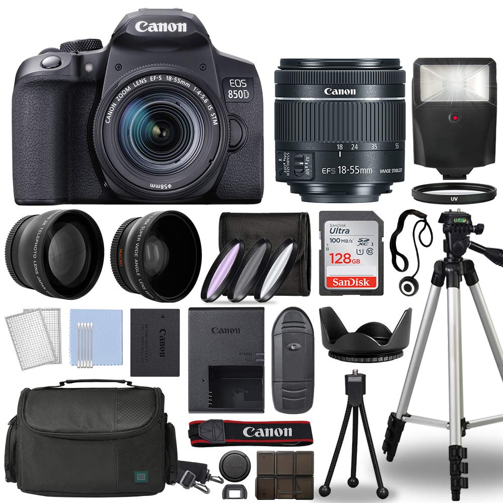 Canon-International, EOS 850D Rebel T8i Digital SLR Camera 18-55mm Lens 3 Lens DSLR Kit with Complete Accessory Bundle 128GB - International Model (Renewed)