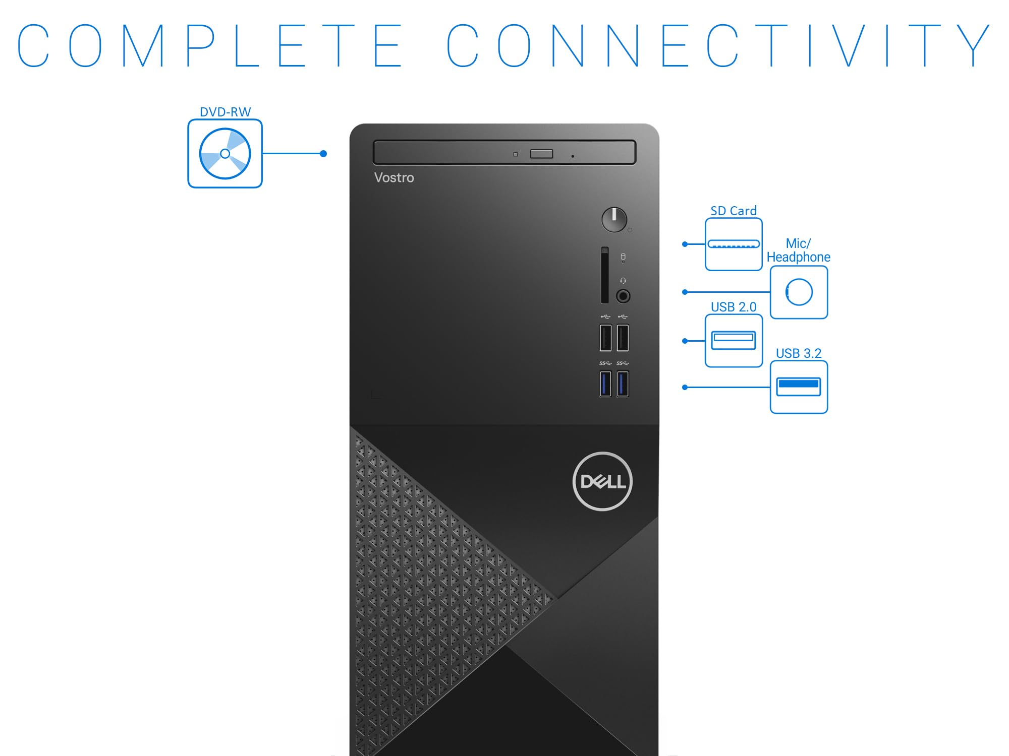 Dell Vostro 3888 3000 Tower Business Desktop Computer, Intel Octa-Core i7-10700 up to 4.8GHz, 32GB DDR4 RAM, 1TB PCIe SSD + 1TB HDD, DVDRW, 802.11AC WiFi, Bluetooth, Keyboard & Mouse, Windows 11 Pro