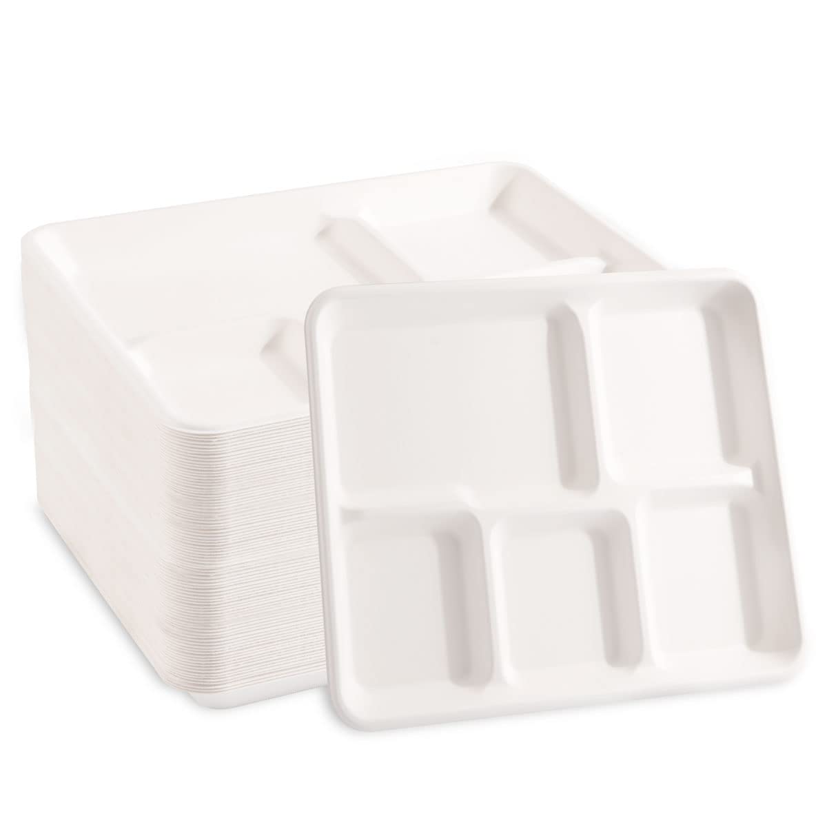 WDF 125 Pack Disposable Plates with Compartment - 100% Compostable Plates Disposable, 8 * 10 inch Heavy Duty Paper Plates with 5 Compartment Biodegradable Plates for School Lunch Trays