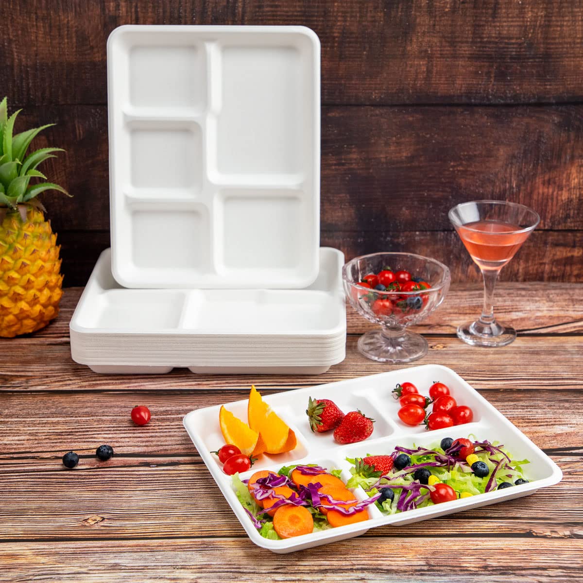 WDF 125 Pack Disposable Plates with Compartment - 100% Compostable Plates Disposable, 8 * 10 inch Heavy Duty Paper Plates with 5 Compartment Biodegradable Plates for School Lunch Trays