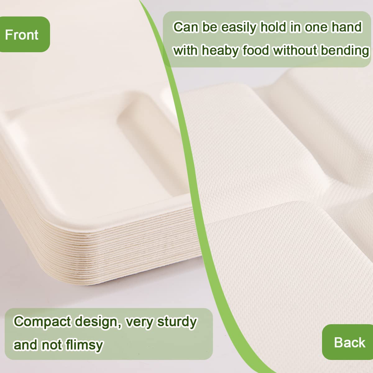 WDF 125 Pack Disposable Plates with Compartment - 100% Compostable Plates Disposable, 8 * 10 inch Heavy Duty Paper Plates with 5 Compartment Biodegradable Plates for School Lunch Trays