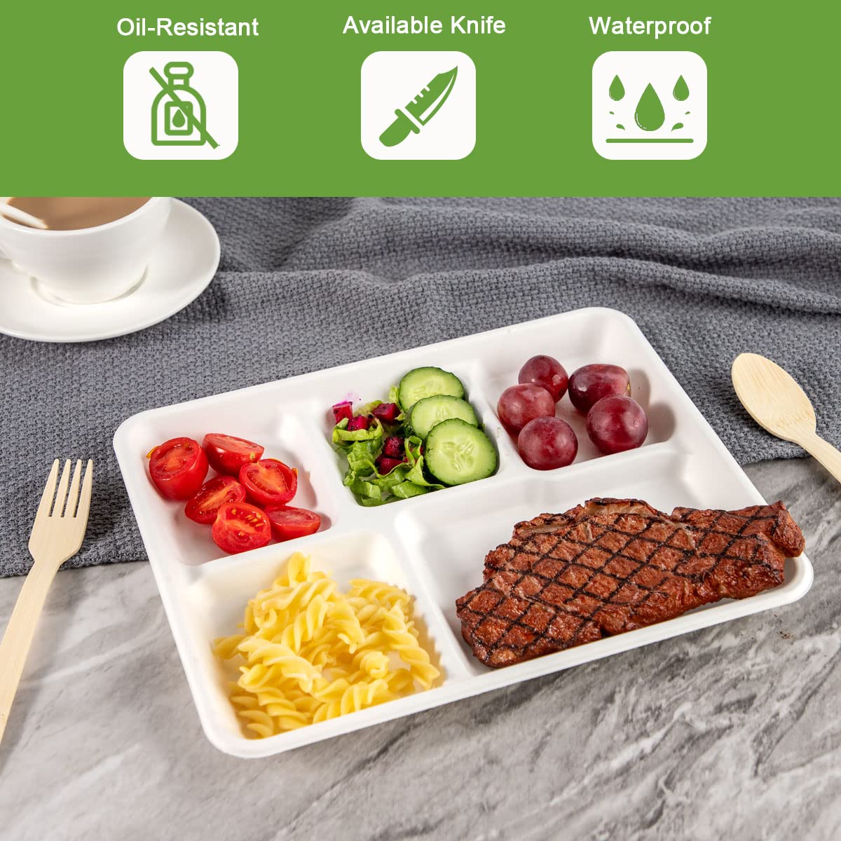 WDF 125 Pack Disposable Plates with Compartment - 100% Compostable Plates Disposable, 8 * 10 inch Heavy Duty Paper Plates with 5 Compartment Biodegradable Plates for School Lunch Trays