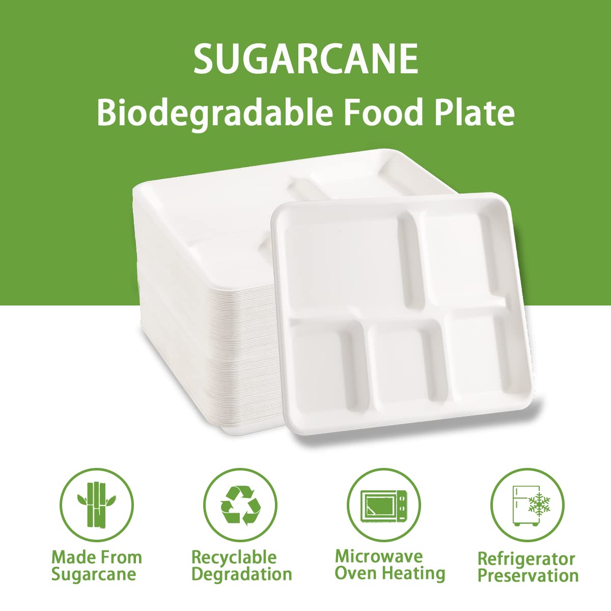 WDF 125 Pack Disposable Plates with Compartment - 100% Compostable Plates Disposable, 8 * 10 inch Heavy Duty Paper Plates with 5 Compartment Biodegradable Plates for School Lunch Trays