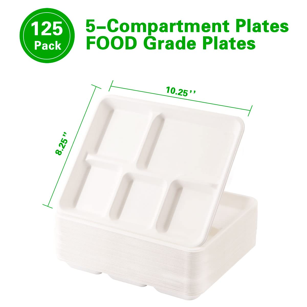 WDF 125 Pack Disposable Plates with Compartment - 100% Compostable Plates Disposable, 8 * 10 inch Heavy Duty Paper Plates with 5 Compartment Biodegradable Plates for School Lunch Trays