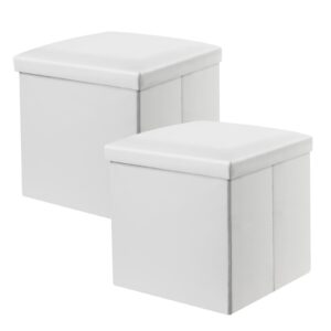 dearyou white storage ottoman cube, folding storage ottoman square, small foot rest ottoman with foam padded seat, 15 inches faux leather (white,2pcs)