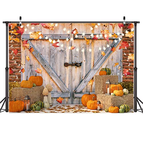 AIIKES 7X5FT Fall Thanksgiving Backdrop Autumn Pumpkin Harvest Barn Door Photography Backdrop Light Post Maple Leaves Haystack Thanksgiving Party Decorations Photo Studio Prop 12-457