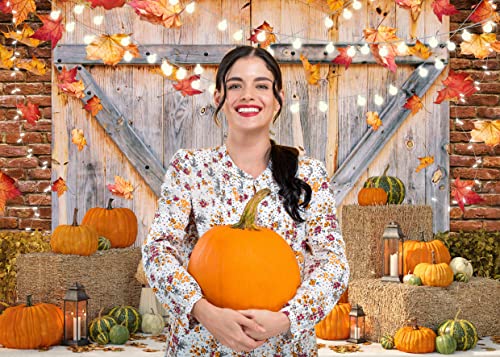 AIIKES 7X5FT Fall Thanksgiving Backdrop Autumn Pumpkin Harvest Barn Door Photography Backdrop Light Post Maple Leaves Haystack Thanksgiving Party Decorations Photo Studio Prop 12-457