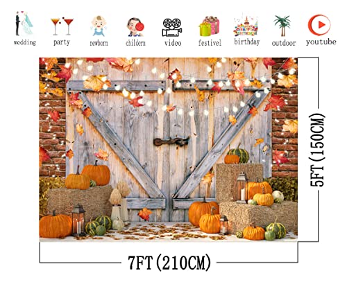 AIIKES 7X5FT Fall Thanksgiving Backdrop Autumn Pumpkin Harvest Barn Door Photography Backdrop Light Post Maple Leaves Haystack Thanksgiving Party Decorations Photo Studio Prop 12-457