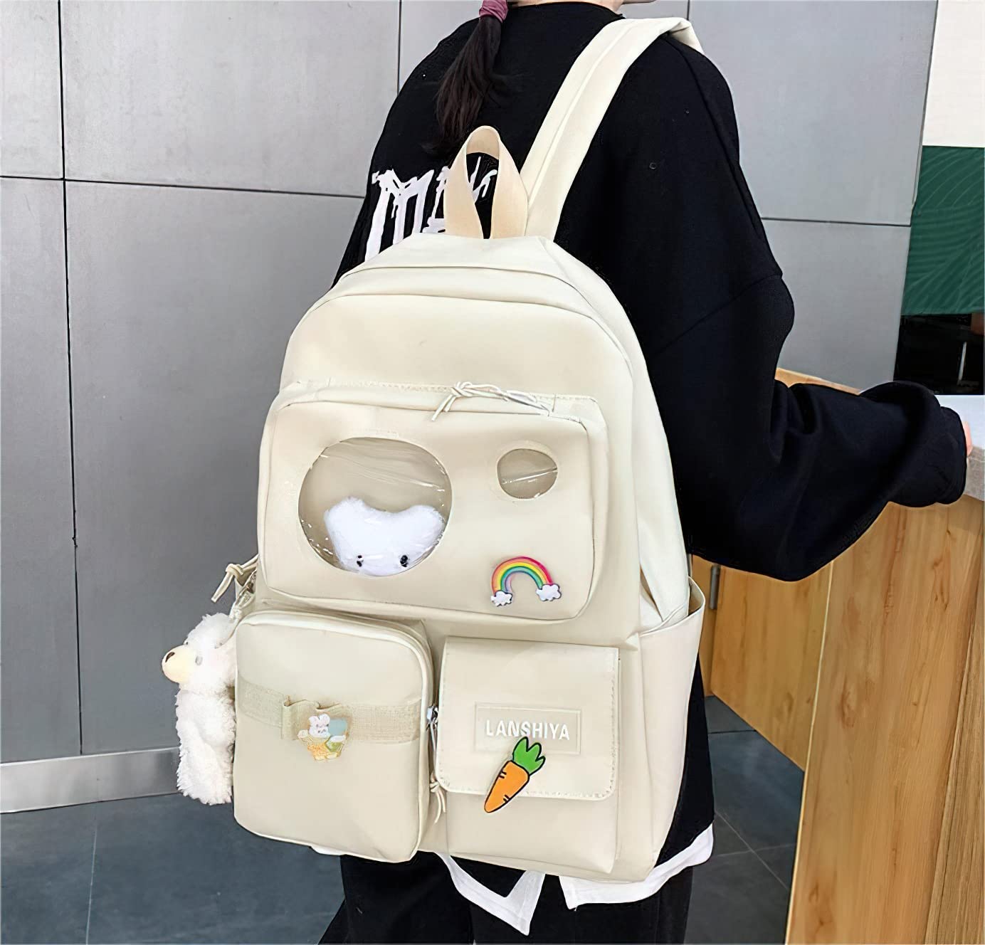 LaurelTree Kawaii Aesthetic Cute 5pcs School Bags Set with Accessories School Suppliers for Teens Girls Backpack Tote Bag (White)…