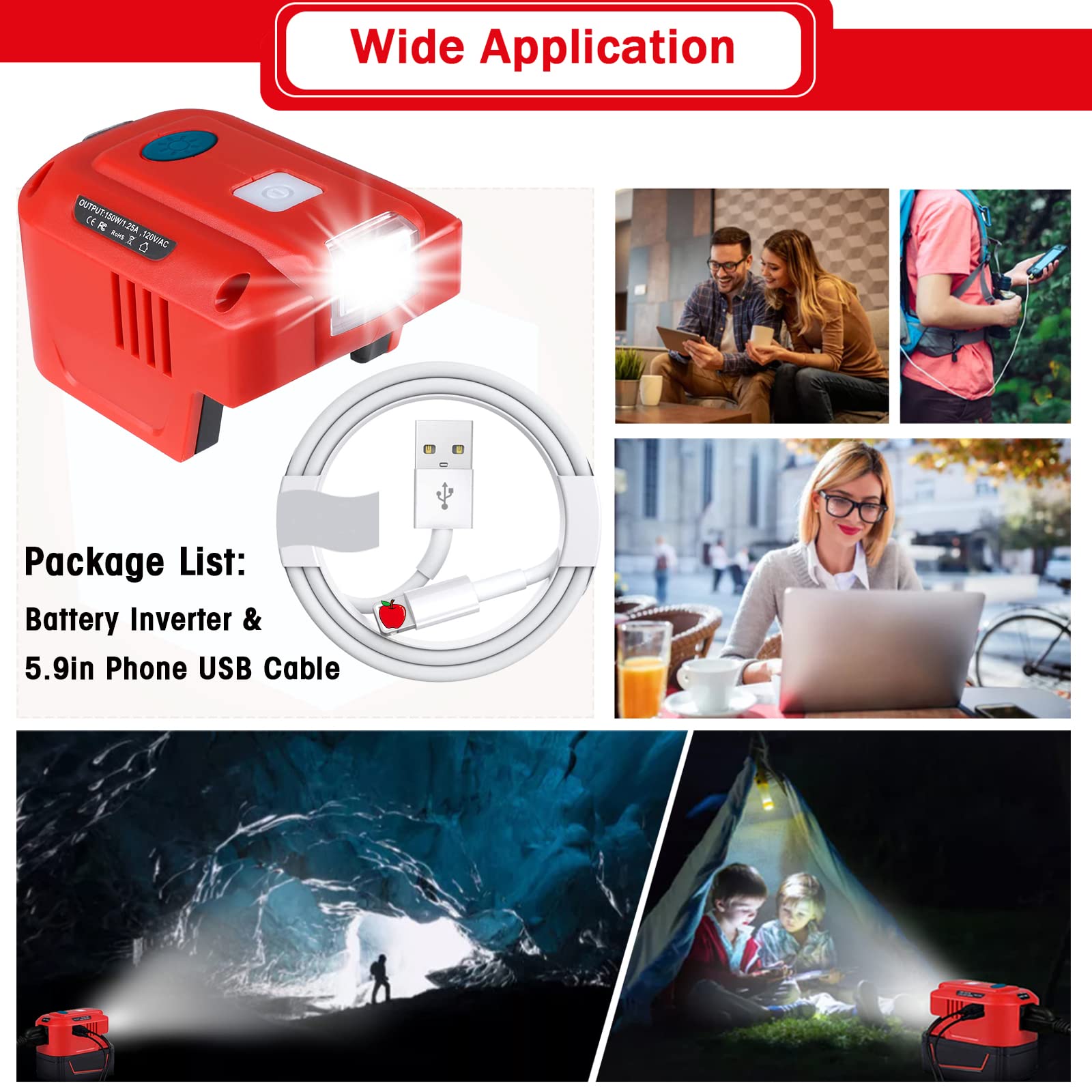 Power Inverter for Milwaukee 18V M18 Battery, 150Watt Newly Portable Inverter Generator with 5.9" USB Cable, DC 18V to AC 110~120V, Modified Sine Wave Power Inverter with Dual USB & LED Light