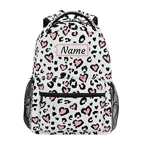 Leopard Print Pink Heart Custom School Backpack for Boys Girls, Personalized Name Elementary School Bookbag Travel Bag Daypack