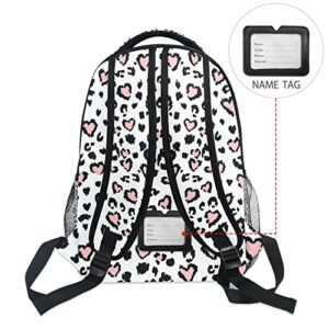 Leopard Print Pink Heart Custom School Backpack for Boys Girls, Personalized Name Elementary School Bookbag Travel Bag Daypack