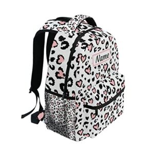 Leopard Print Pink Heart Custom School Backpack for Boys Girls, Personalized Name Elementary School Bookbag Travel Bag Daypack