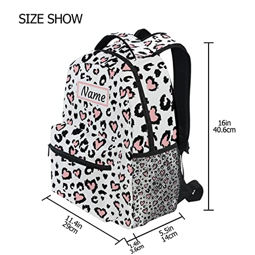 Leopard Print Pink Heart Custom School Backpack for Boys Girls, Personalized Name Elementary School Bookbag Travel Bag Daypack