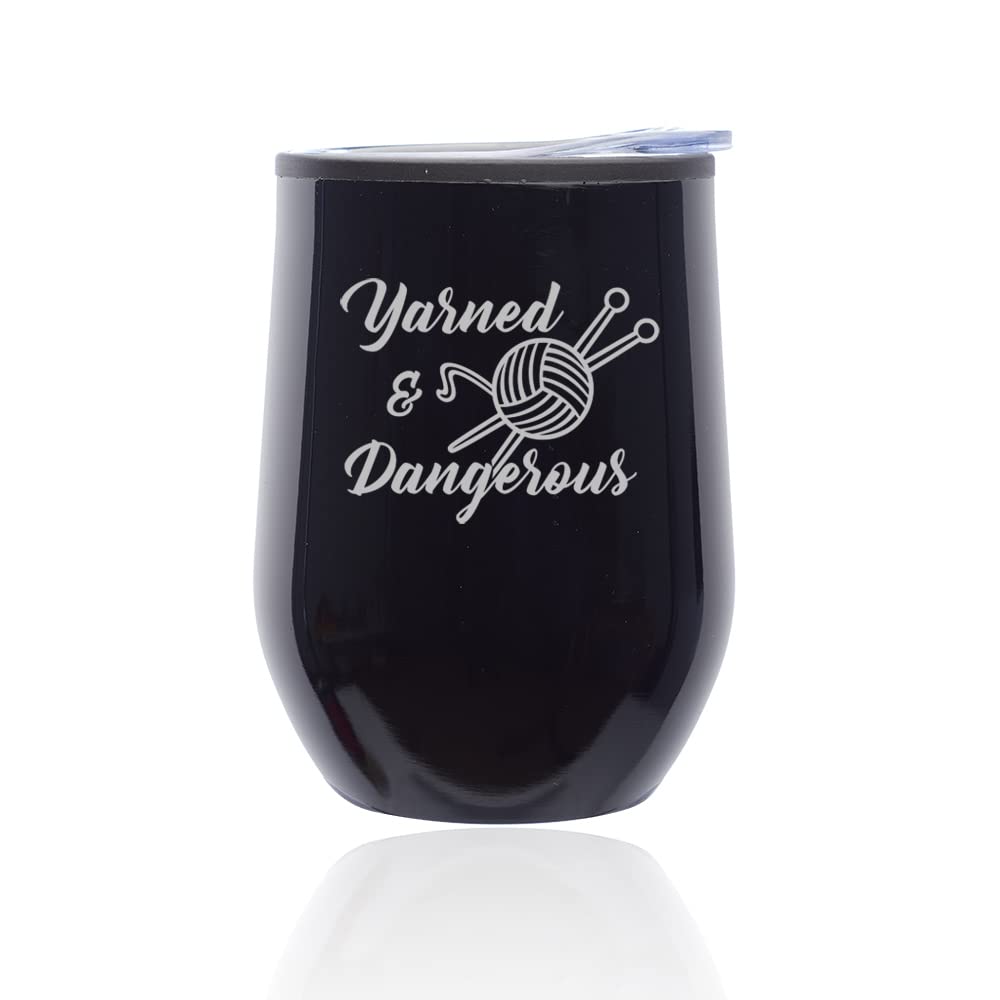 Stemless Wine Tumbler Coffee Travel Mug Glass with Lid Yarned And Dangerous Funny Knitting (Midnight Black)