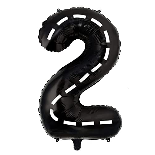 Race Car Balloons Number 2;40 Inch Big Mylar Foil Racing Number 2 Balloons Black 2nd Birthday Balloons for Boys Car Themed Truck Wheel Party Decorations Supplies