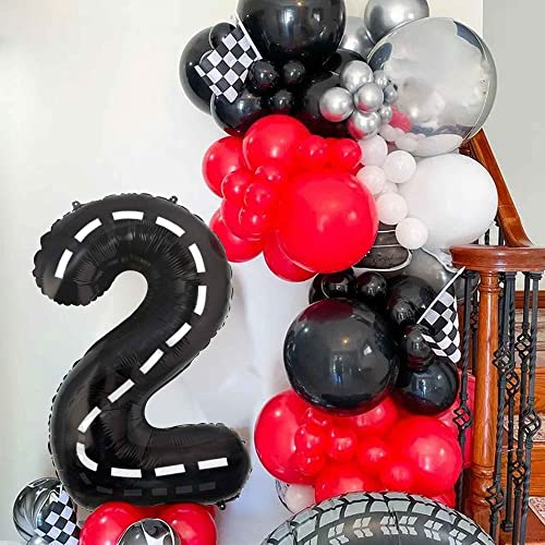 Race Car Balloons Number 2;40 Inch Big Mylar Foil Racing Number 2 Balloons Black 2nd Birthday Balloons for Boys Car Themed Truck Wheel Party Decorations Supplies