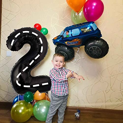 Race Car Balloons Number 2;40 Inch Big Mylar Foil Racing Number 2 Balloons Black 2nd Birthday Balloons for Boys Car Themed Truck Wheel Party Decorations Supplies