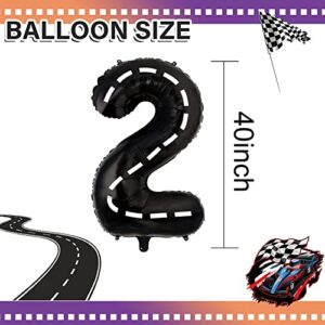 Race Car Balloons Number 2;40 Inch Big Mylar Foil Racing Number 2 Balloons Black 2nd Birthday Balloons for Boys Car Themed Truck Wheel Party Decorations Supplies