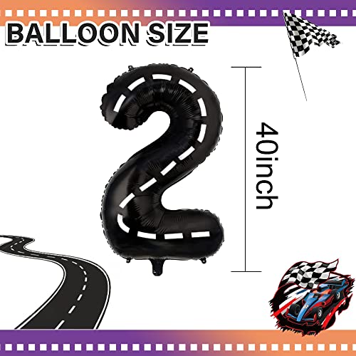 Race Car Balloons Number 2;40 Inch Big Mylar Foil Racing Number 2 Balloons Black 2nd Birthday Balloons for Boys Car Themed Truck Wheel Party Decorations Supplies