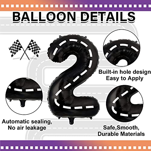 Race Car Balloons Number 2;40 Inch Big Mylar Foil Racing Number 2 Balloons Black 2nd Birthday Balloons for Boys Car Themed Truck Wheel Party Decorations Supplies