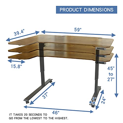 Jceet Adjustable Height L-Shaped 59 Inch Electric Standing Desk - Sit Stand Computer Desk with 3 Splice Board, Lockable Casters, Stand Up Desk Table for Home Office, Black Frame and Rustic Brown Top