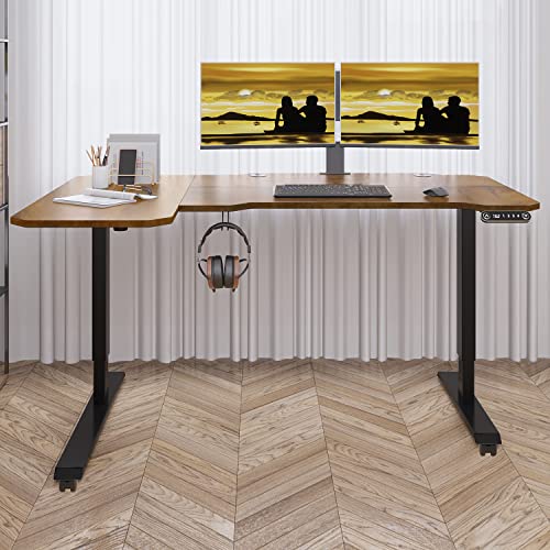 Jceet Adjustable Height L-Shaped 59 Inch Electric Standing Desk - Sit Stand Computer Desk with 3 Splice Board, Lockable Casters, Stand Up Desk Table for Home Office, Black Frame and Rustic Brown Top