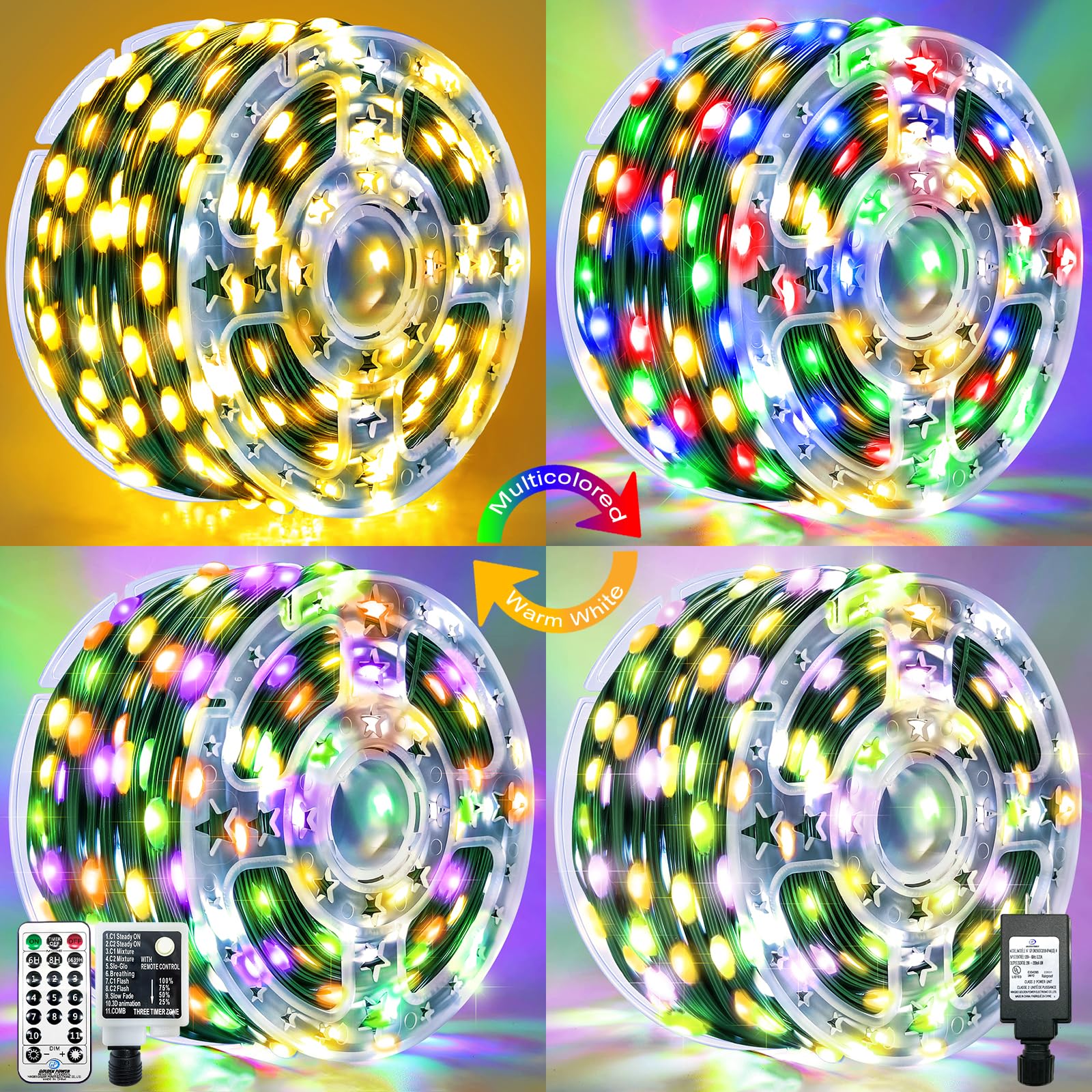 Outdoor String Lights - 328ft 1000 LED Christmas Lights IP67 Waterproof, Plug in 11 Modes Fairy lights Bedroom with Remote for Patio Camping Garden Tree Holiday Party Wedding (WarmWhite to Multicolor)