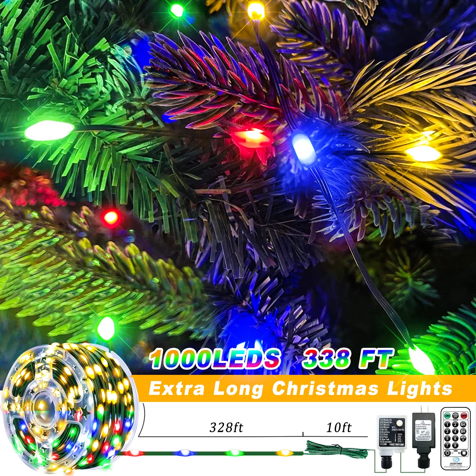 Outdoor String Lights - 328ft 1000 LED Christmas Lights IP67 Waterproof, Plug in 11 Modes Fairy lights Bedroom with Remote for Patio Camping Garden Tree Holiday Party Wedding (WarmWhite to Multicolor)