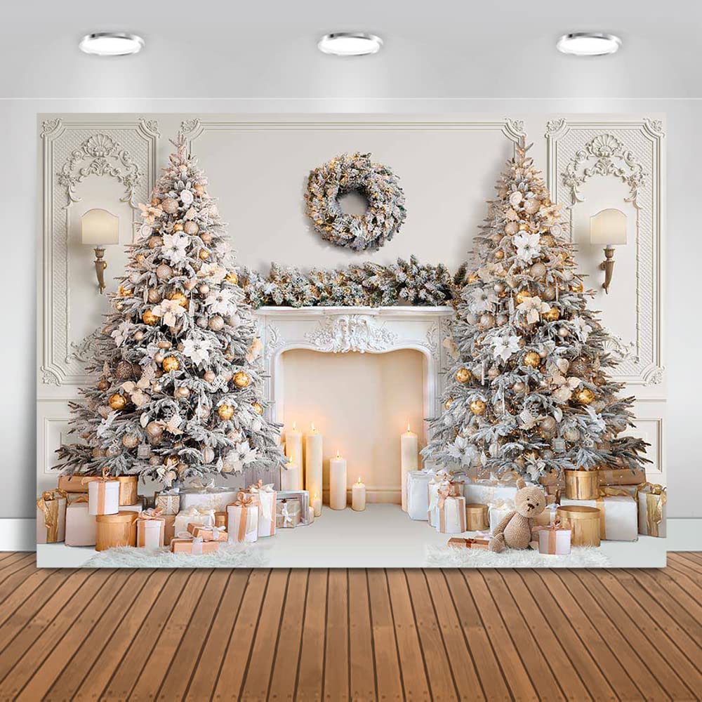 Mocsicka Classic Christmas Interior Room Photography Backdrop White Christmas Fireplace Photo Background Decorated Xmas Tree Family Kids Holiday Party Banner Decorations Photo Booth Props (10x8ft)