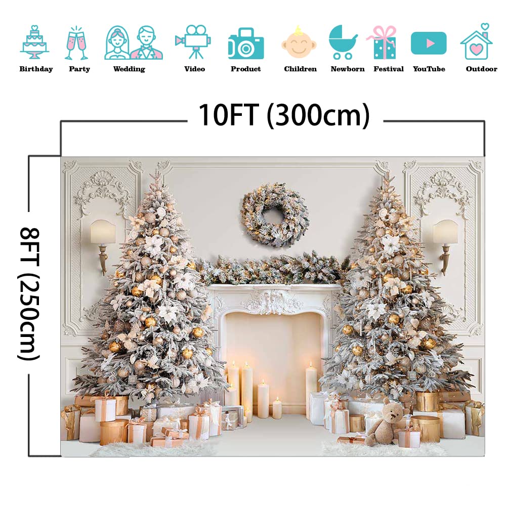 Mocsicka Classic Christmas Interior Room Photography Backdrop White Christmas Fireplace Photo Background Decorated Xmas Tree Family Kids Holiday Party Banner Decorations Photo Booth Props (10x8ft)