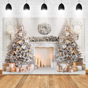 Mocsicka Classic Christmas Interior Room Photography Backdrop White Christmas Fireplace Photo Background Decorated Xmas Tree Family Kids Holiday Party Banner Decorations Photo Booth Props (10x8ft)