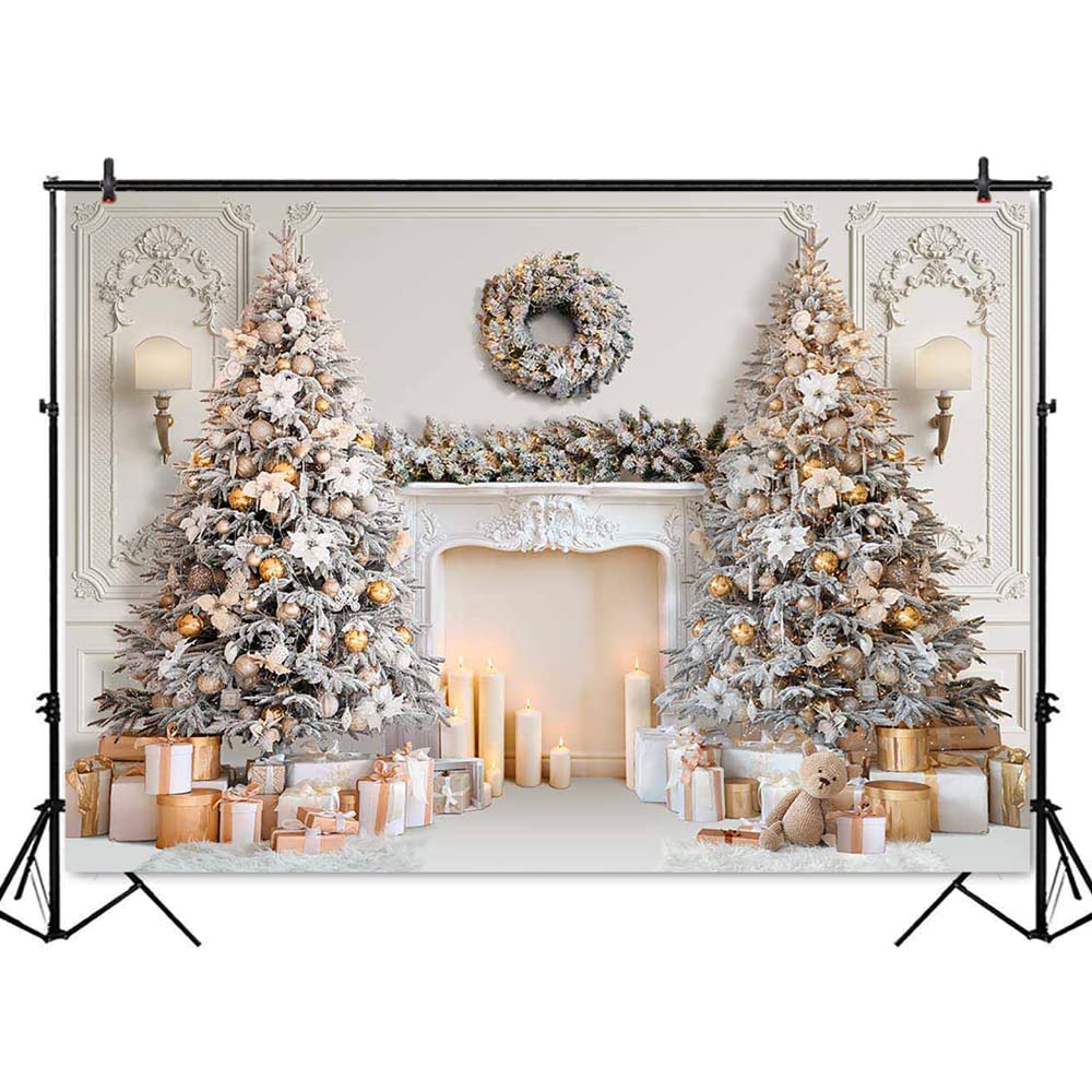 Mocsicka Classic Christmas Interior Room Photography Backdrop White Christmas Fireplace Photo Background Decorated Xmas Tree Family Kids Holiday Party Banner Decorations Photo Booth Props (10x8ft)