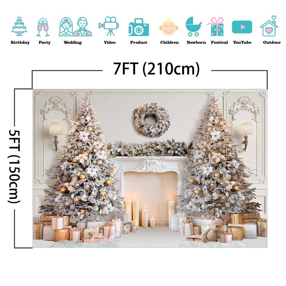 Mocsicka Classic Christmas Interior Room Photography Backdrop White Christmas Fireplace Photo Background Decorated Xmas Tree Family Kids Holiday Party Banner Decorations Photo Booth Props (7x5ft)