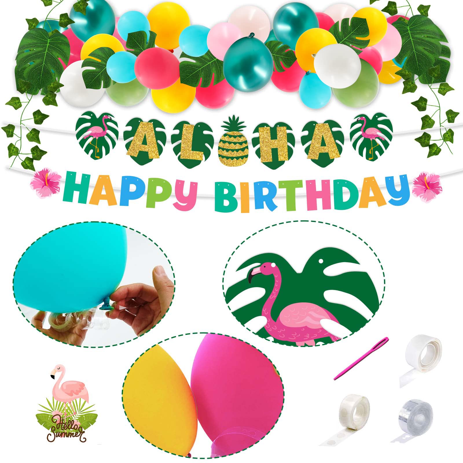 Party Spot! Luau Party Decorations, Hawaiian Party Decorations, Tropical Party Decorations - ALOHA Banner, HAPPY BIRTHDAY Banner, Table Skirt, Table Covers, Balloons,Topper, Leaves, Drinking Straws