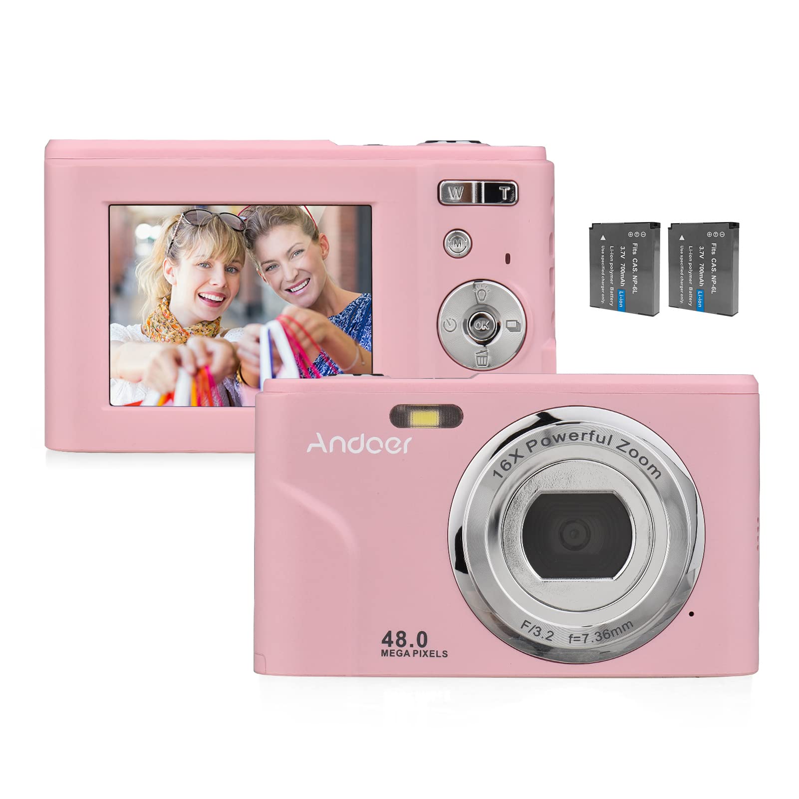 Andoer Portable Digital Camera 48MP 1080P 2.4-inch IPS Screen 16X Zoom Auto Focus Self-Timer 128GB Extended Memory Face Detection Anti-Shaking with 2pcs Batteries Hand Strap Carry Pouch