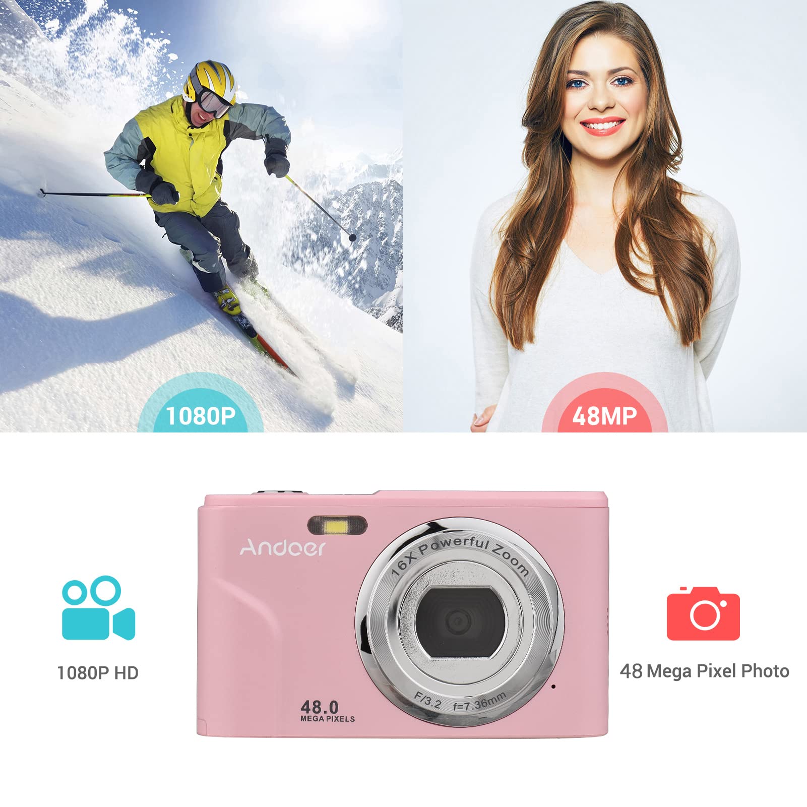 Andoer Portable Digital Camera 48MP 1080P 2.4-inch IPS Screen 16X Zoom Auto Focus Self-Timer 128GB Extended Memory Face Detection Anti-Shaking with 2pcs Batteries Hand Strap Carry Pouch