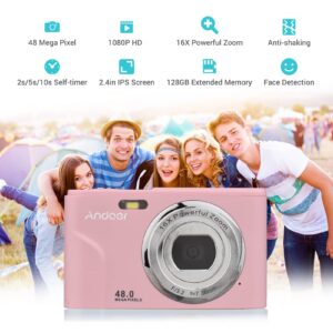 Andoer Portable Digital Camera 48MP 1080P 2.4-inch IPS Screen 16X Zoom Auto Focus Self-Timer 128GB Extended Memory Face Detection Anti-Shaking with 2pcs Batteries Hand Strap Carry Pouch