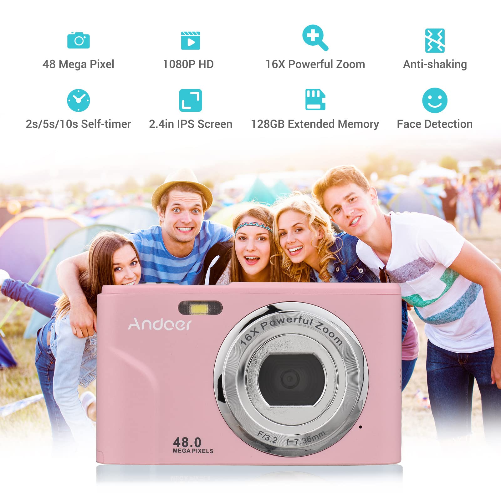 Andoer Portable Digital Camera 48MP 1080P 2.4-inch IPS Screen 16X Zoom Auto Focus Self-Timer 128GB Extended Memory Face Detection Anti-Shaking with 2pcs Batteries Hand Strap Carry Pouch